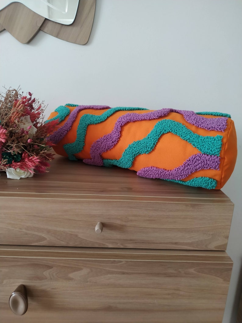 Colorful Bolster Punch Needle Pillow Cover, Handmade Tufted Cylindrical ...