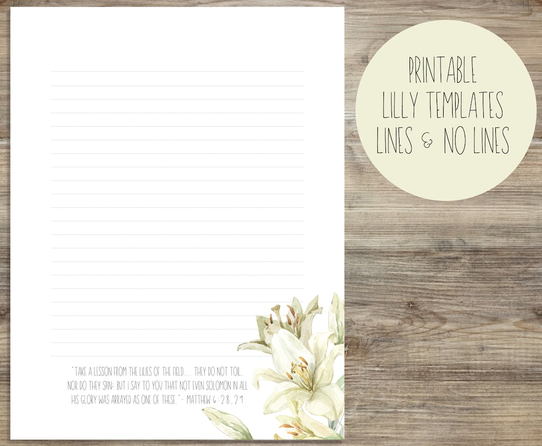Plantilla para escribir cartas de Lillies / Mateo 6:28,29 / Líneas y ...