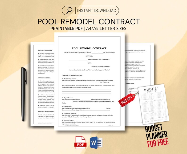 Pool Remodel Contract | Printable Pool Renovation Agreement | Digital ...