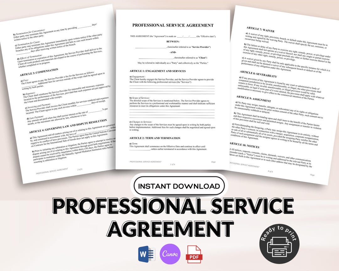 Printable Service Agreement, Services Contract Agreement, Editable ...
