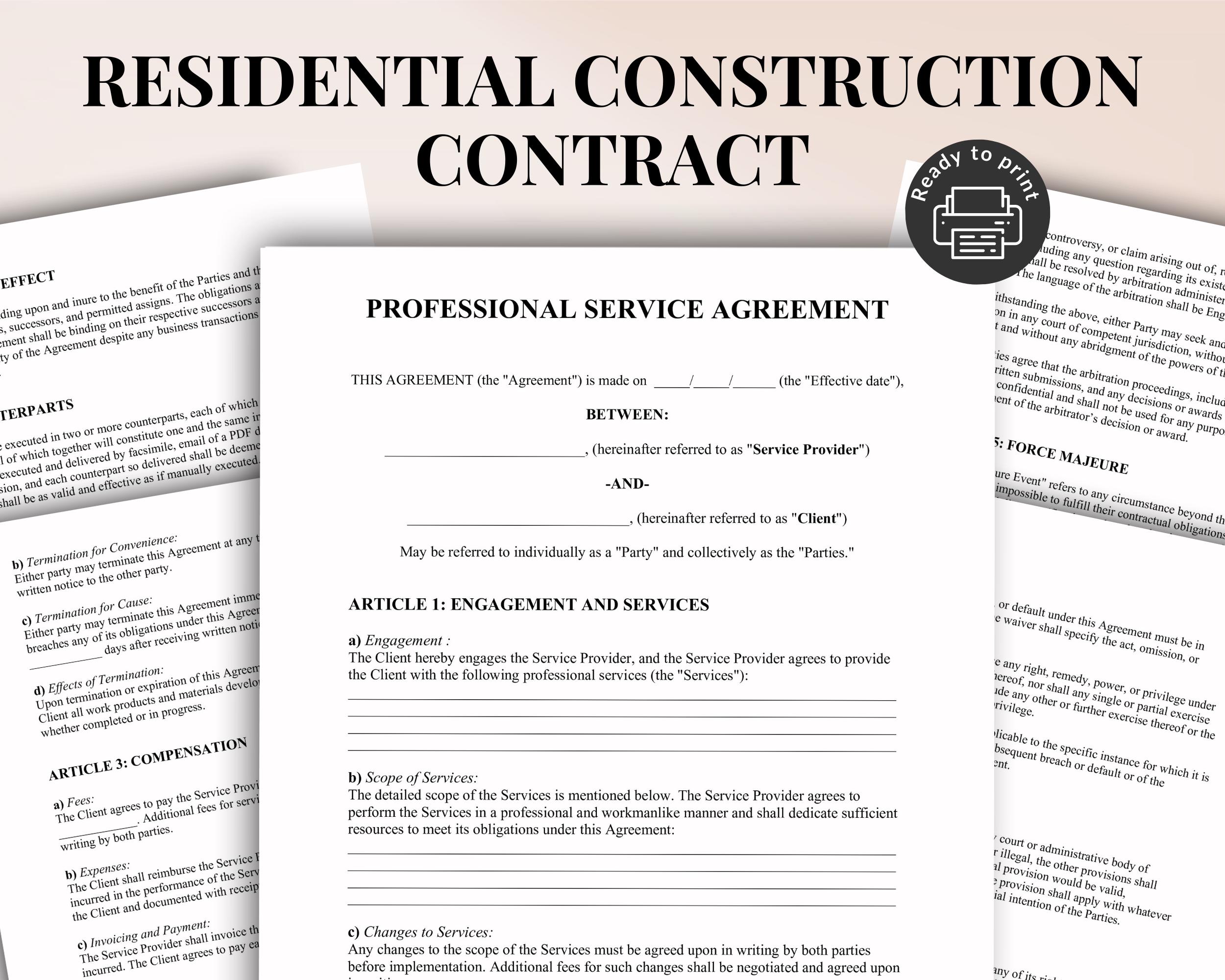 Residential Construction Contract Template | Editable Contractor ...