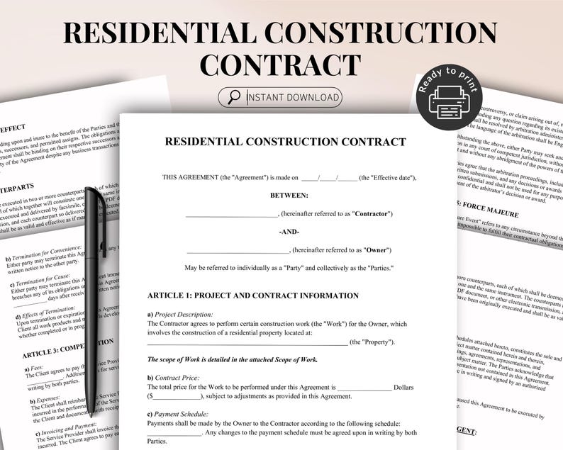 Residential Construction Contract Template | Editable Contractor ...