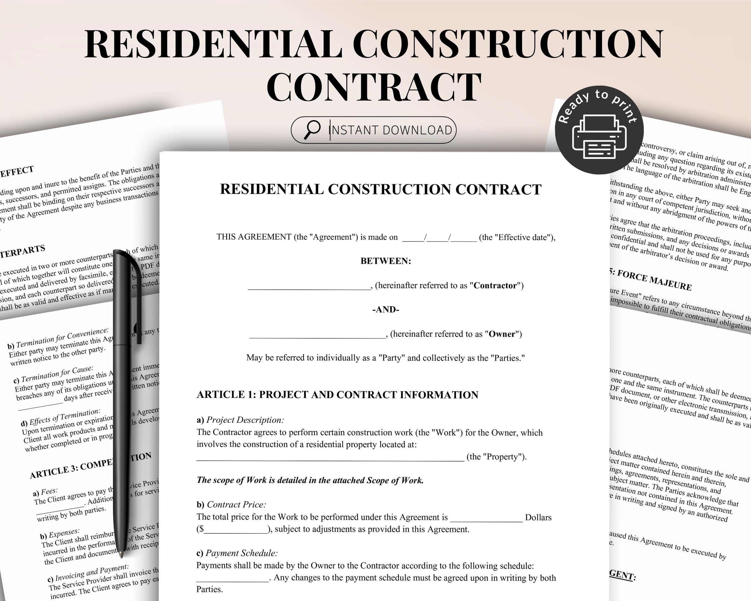 Residential Construction Contract Template | Editable Contractor ...
