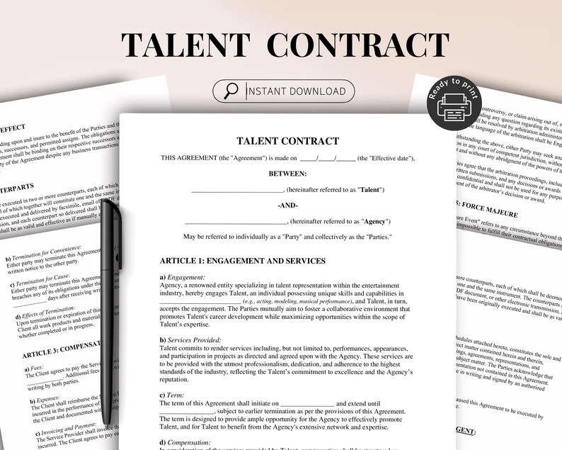 Talent Contract Template | PDF, Word & Canva | Agency and Talent ...