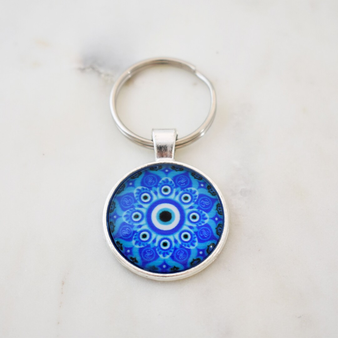 Evil Eye Mandala Key Ring Blue Greek Mati Nazar Glass Cabochon Keychain ...