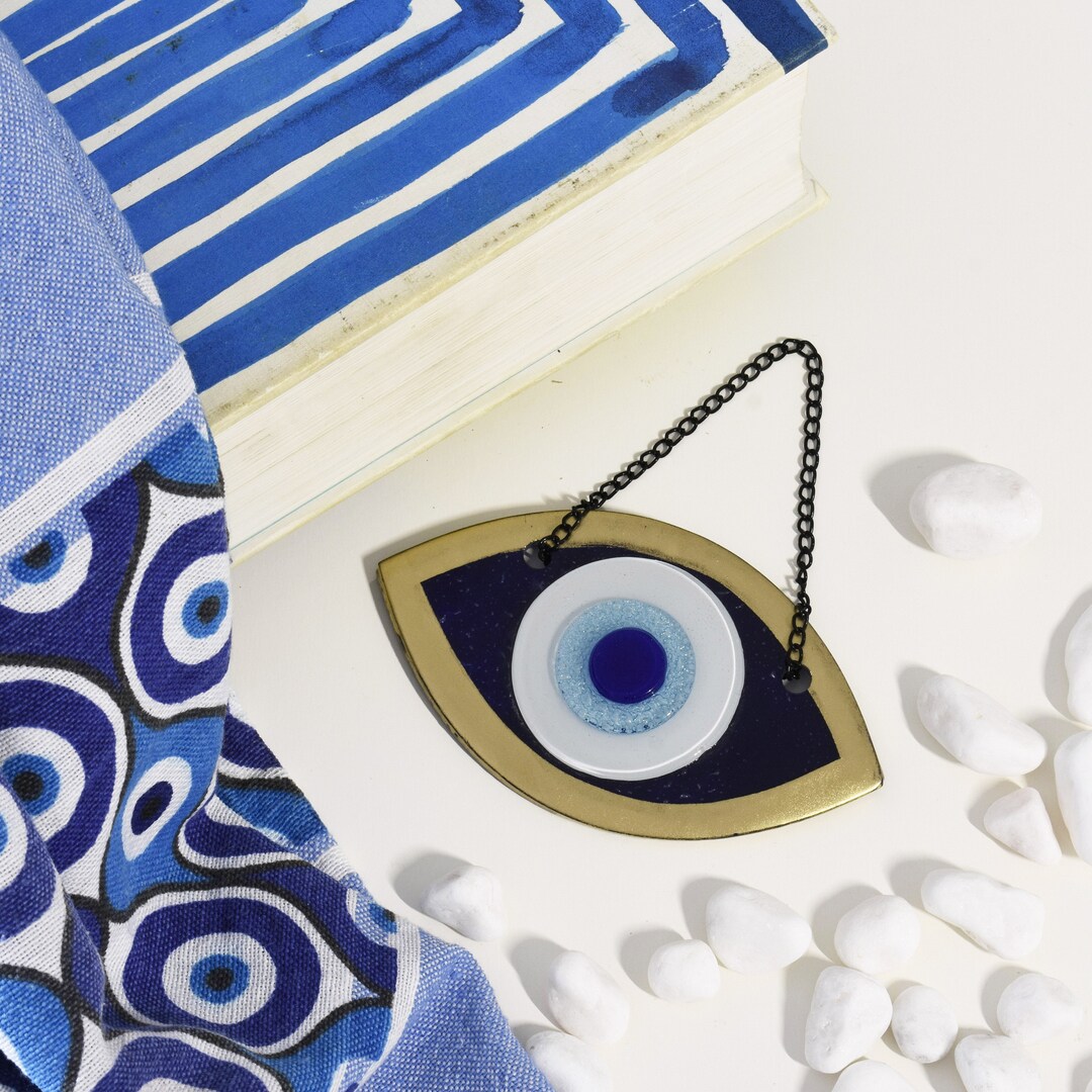 Evil Eye Shape Fusion Glass Blue Gold Trim Greek Mati Turkish Nazar ...