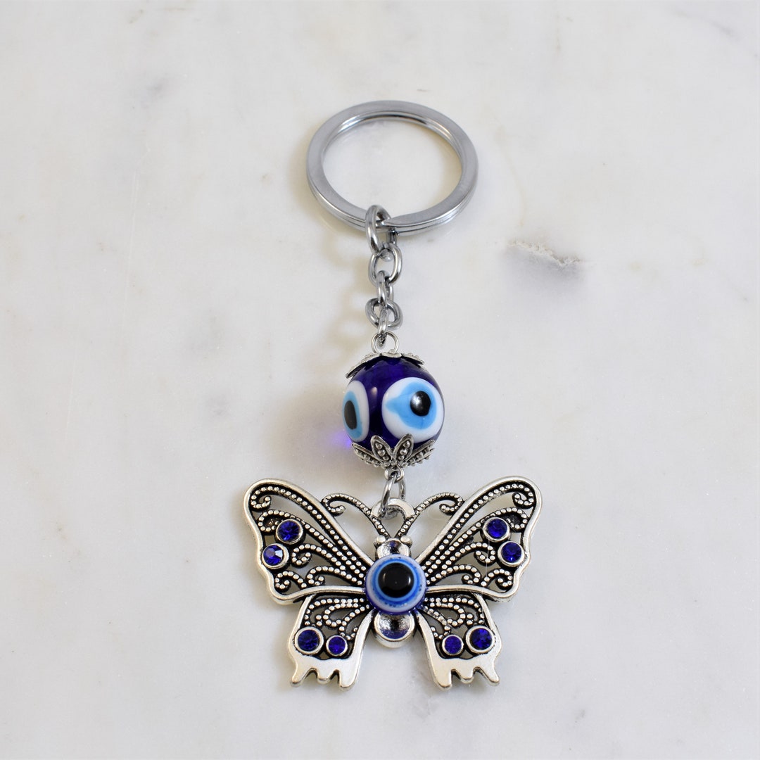 Evil Eye Butterfly Crystal Nazar Greek Mati Blue Eye Bead Keyring Metal ...
