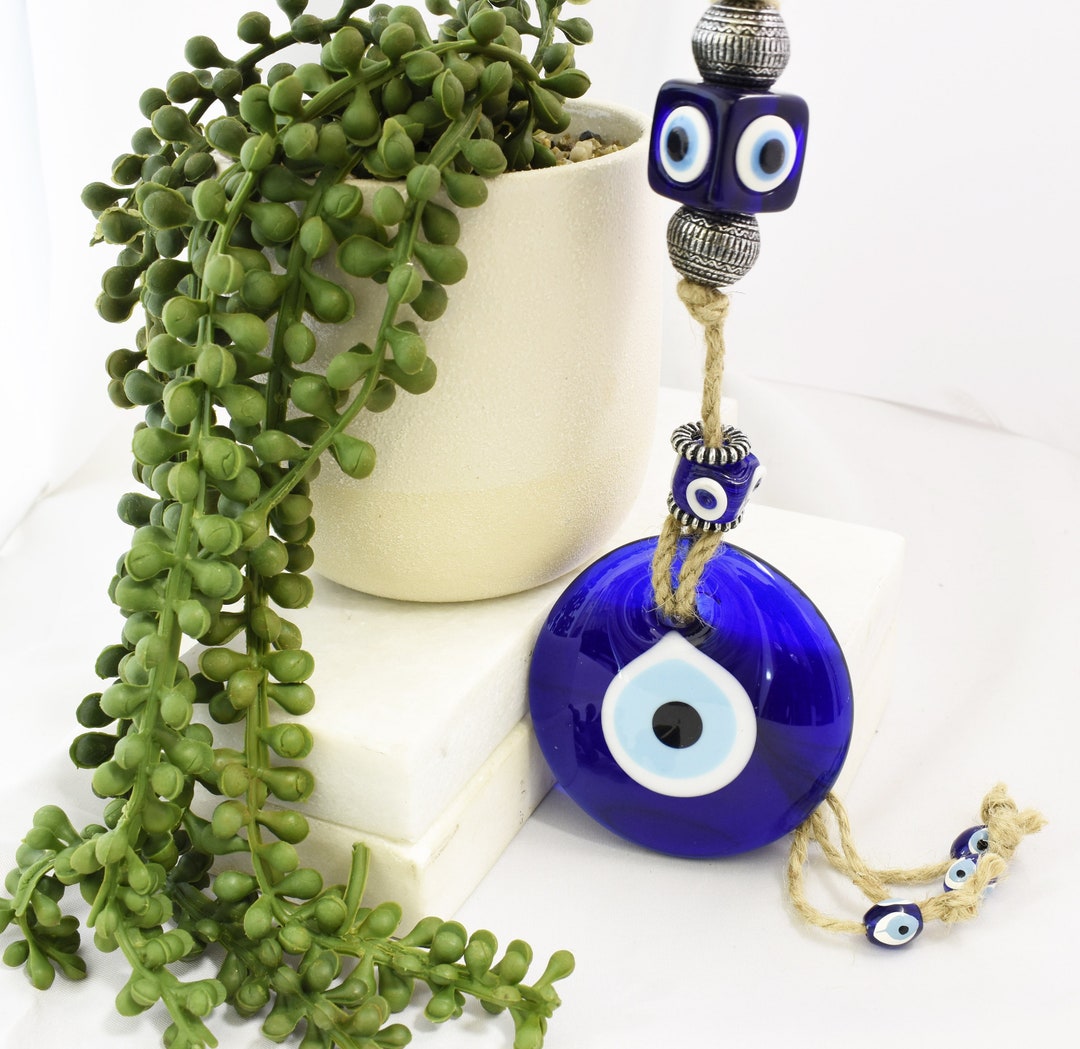 Evil Eye Blue Glass Greek Mati Turkish Nazar 7cm Bead Hessian Rope Wall ...
