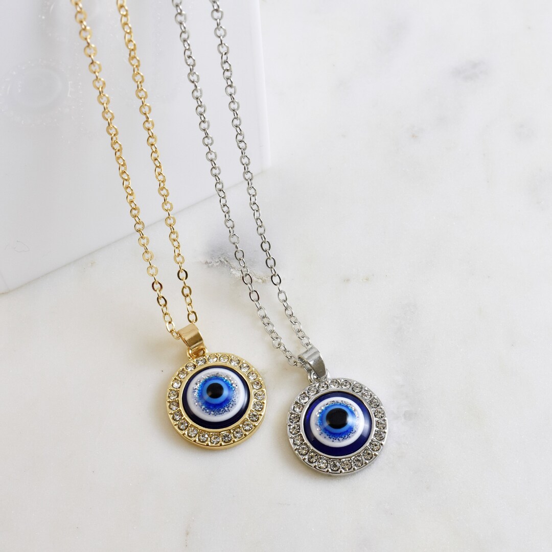 Evil Eye Round Silver Large 2cm Gold Greek Mati Nazar Turkish Chain ...