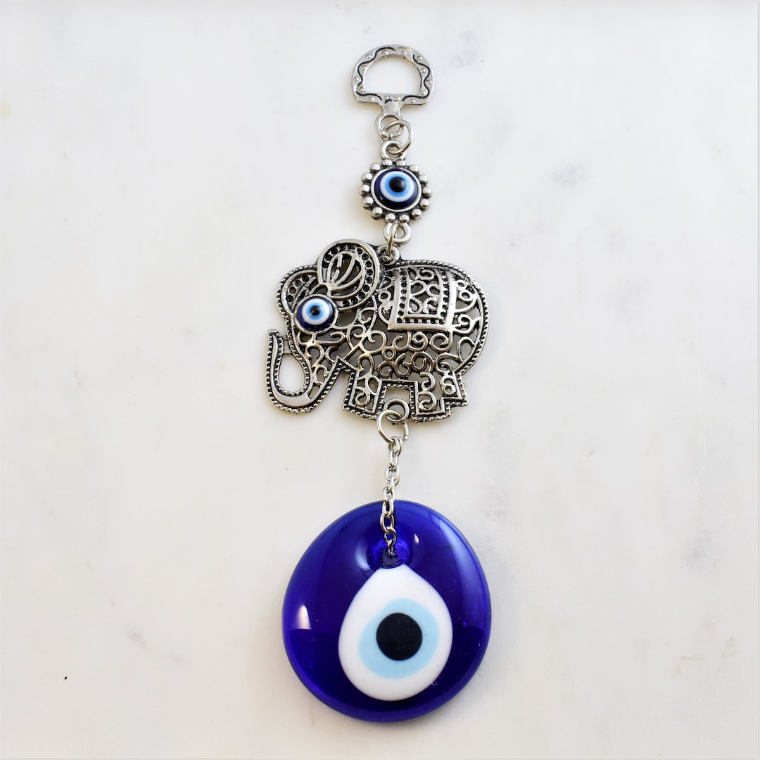 Evil Eye Elephant Amulet: Silver Metal & Blue Glass Wall Hanging - Etsy