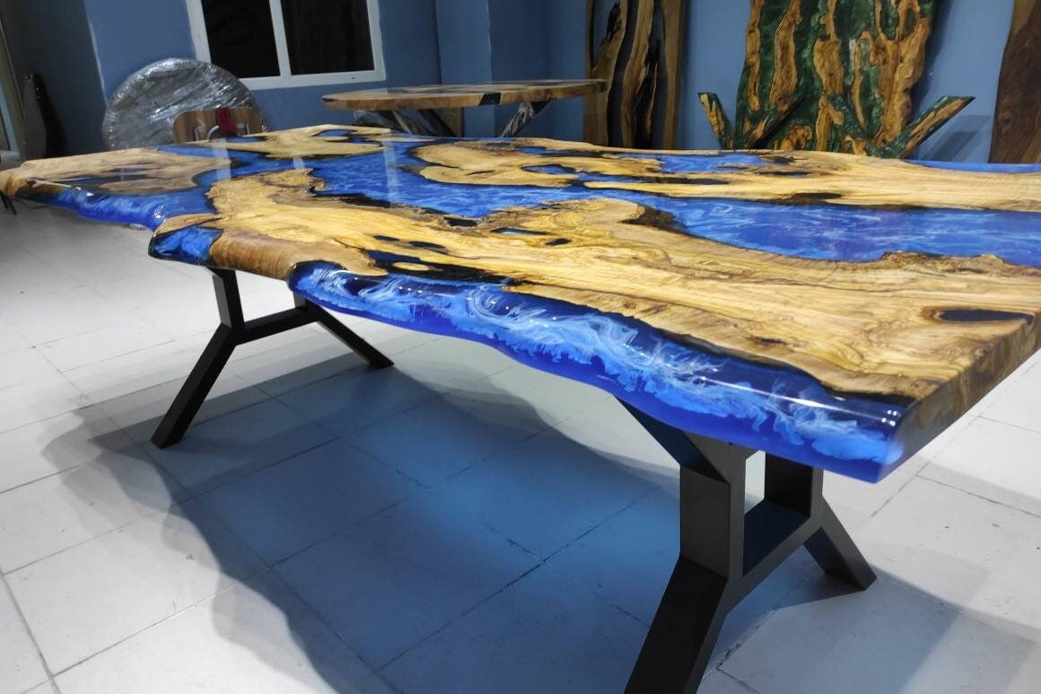 Live Edge Olive Table Ocean River Dining Epoxy Table Blue - Etsy UK