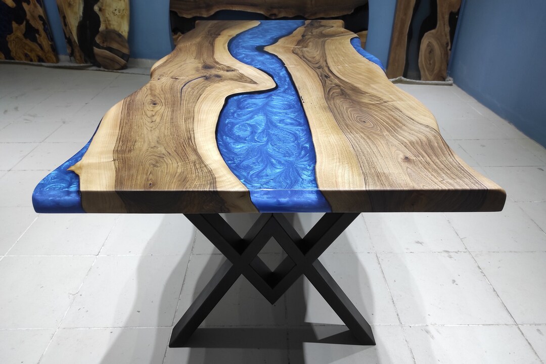 Live Edge Blue Resin Dining Table - Walnut Epoxy Resin Table - Dining ...