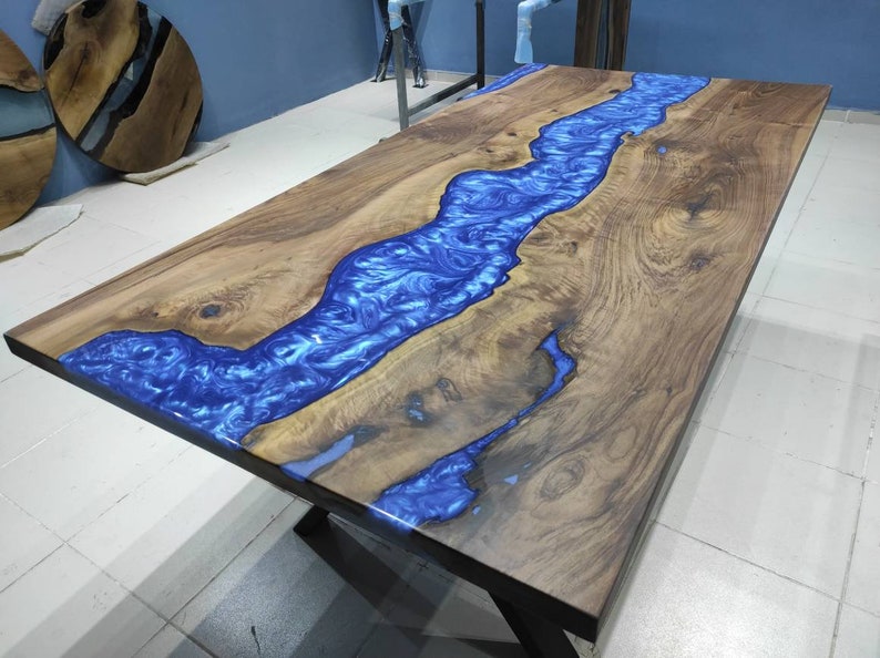 Custom Walnut River Table: Blue Epoxy Resin Dining Table - Etsy