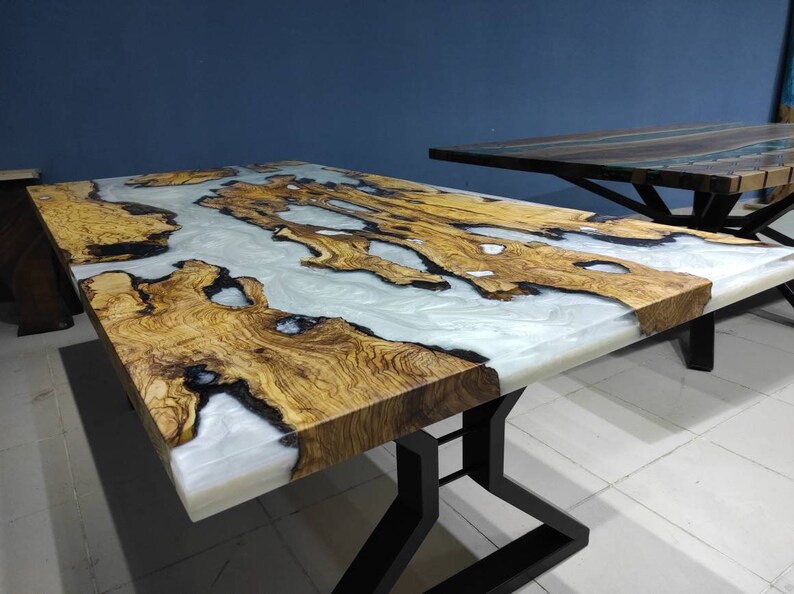 Live Edge Olive Wood Metallic White River Epoxy Table Dining - Etsy