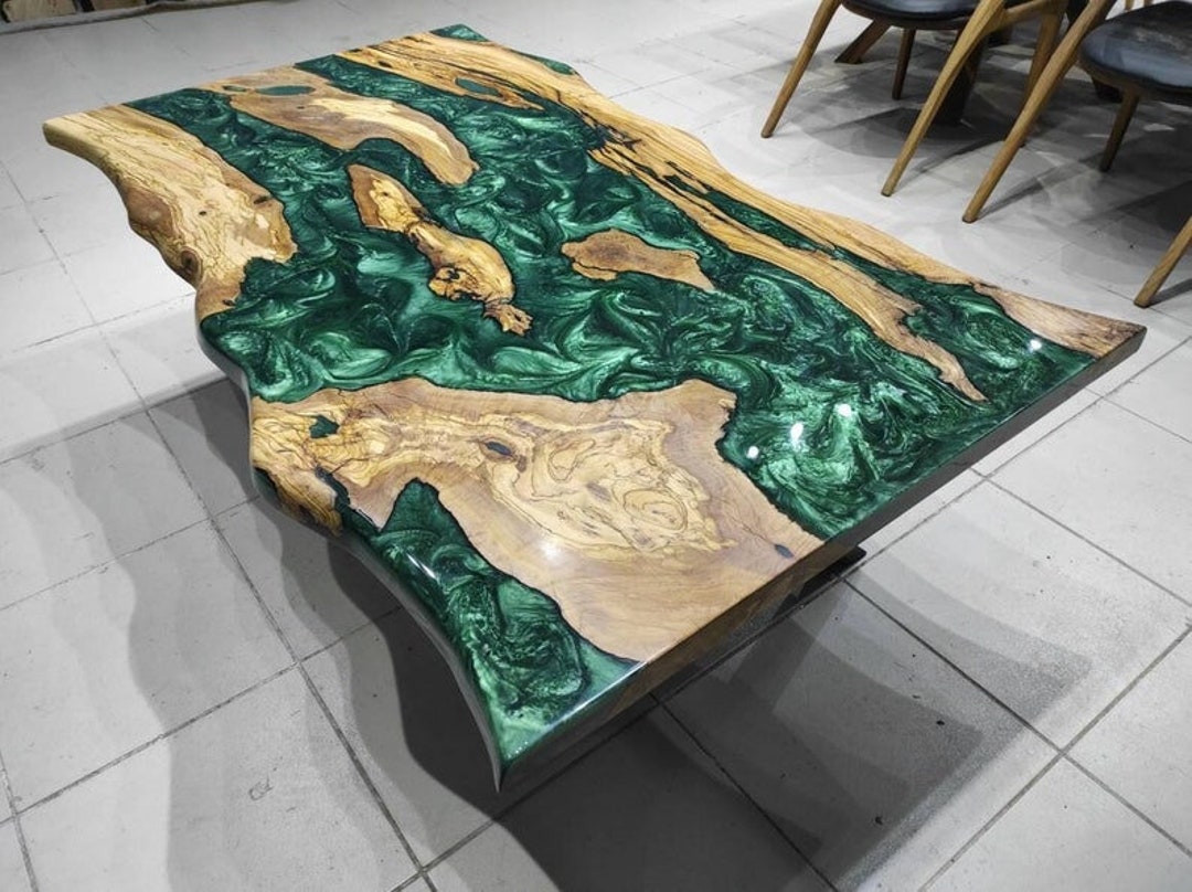 Living Room River Epoxy Resin Table, Live Edge Olivee Tree Epoxy Table ...