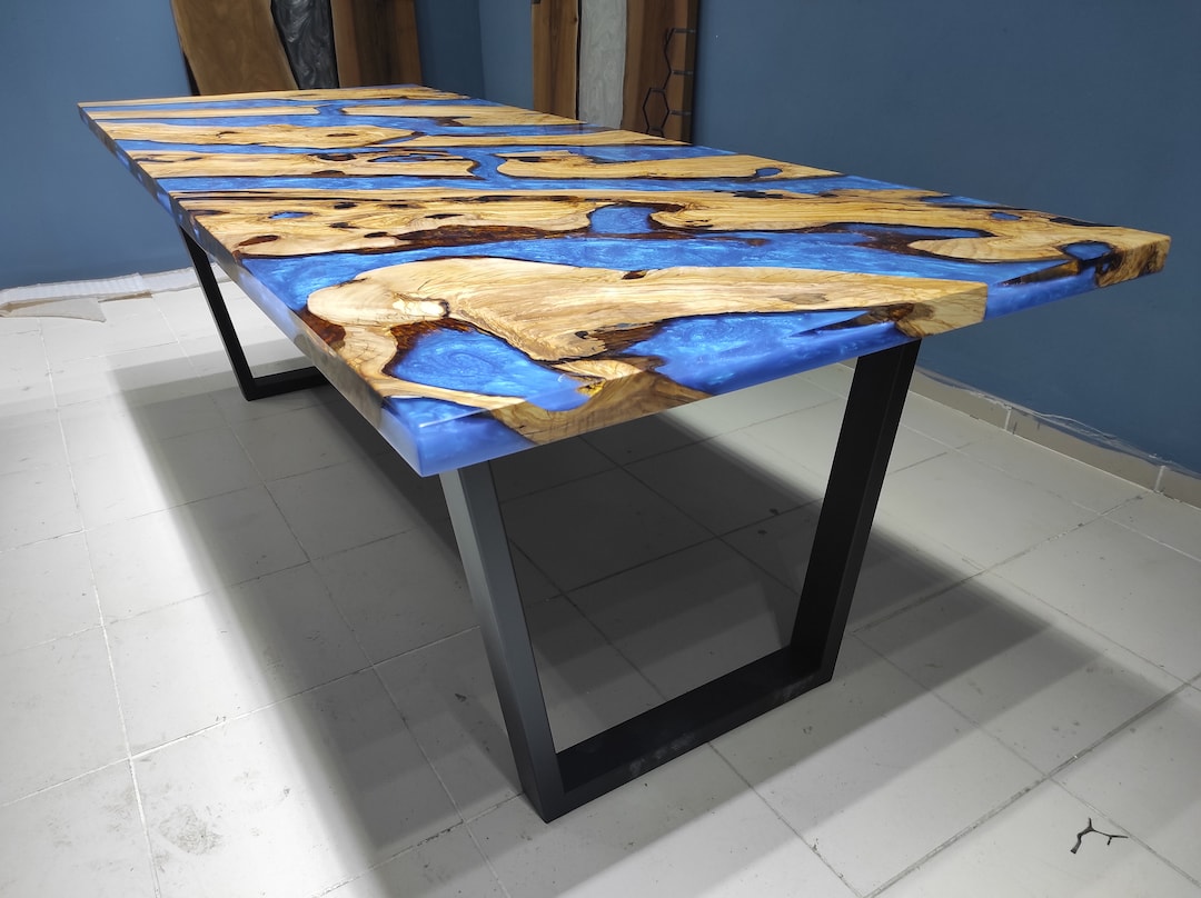 Olive Tree Metallic Blue Epoxy Resin Dining Table, Kitchen Epoxy Table ...