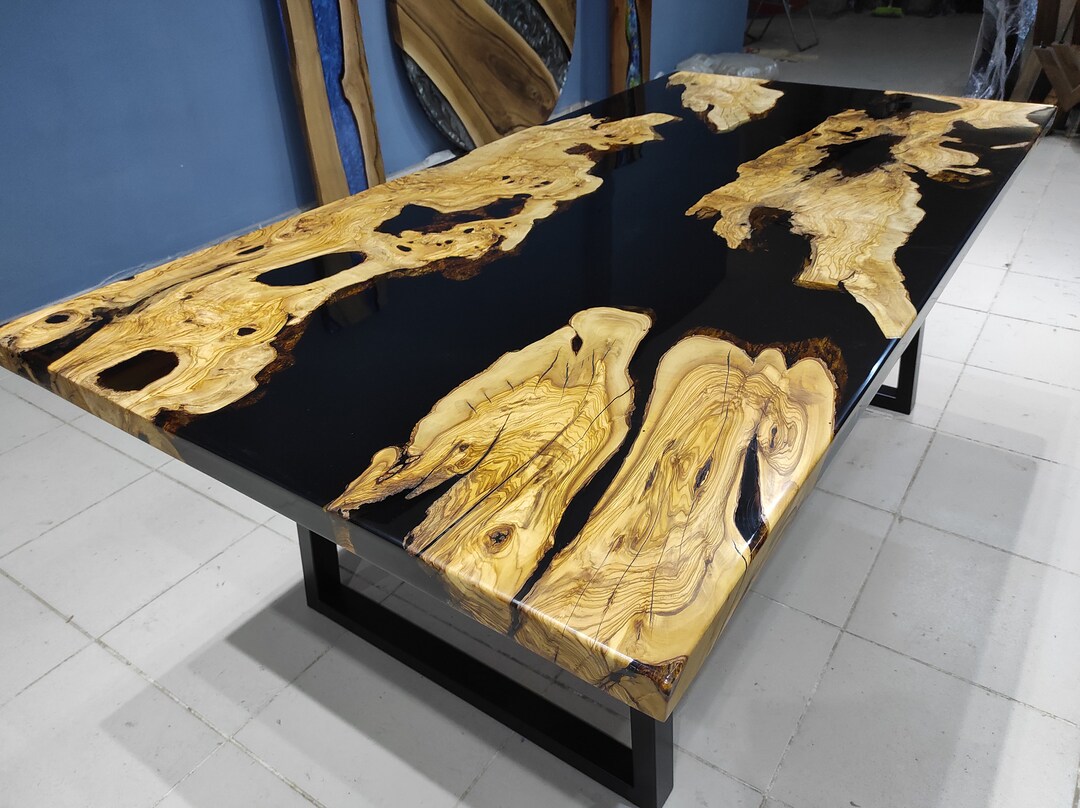 Custom Order Black Epoxy Olive Wood Dining Table | Black Resin Table ...