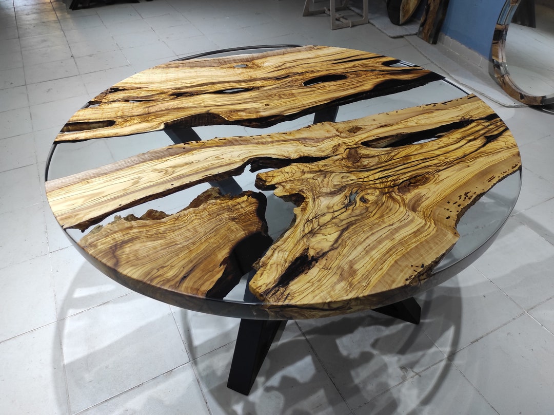 52 Round Clear Epoxy Olive Tree Table, Kitchen Epoxy Dining Table ...