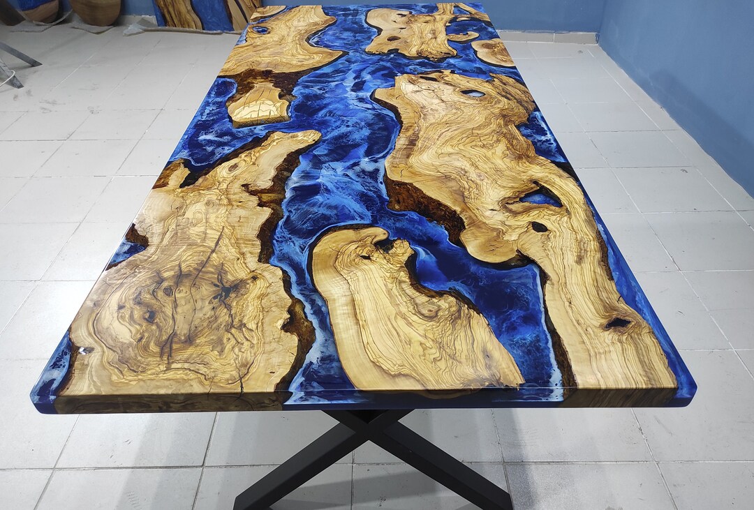 Custom Olive Wood River Dining Table: Ocean Blue Epoxy Resin - Etsy UK