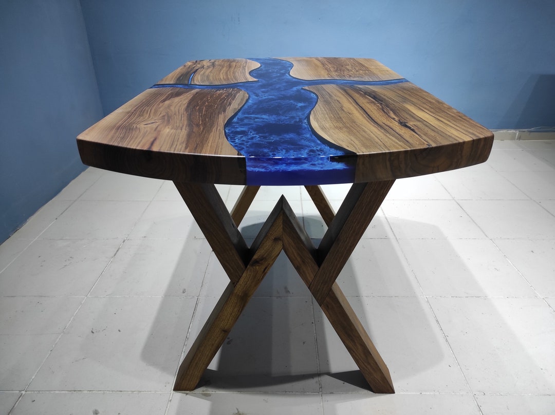 Walnut Tree Blue and White Epoxy Coffee Table, River Epoxy Table Top ...