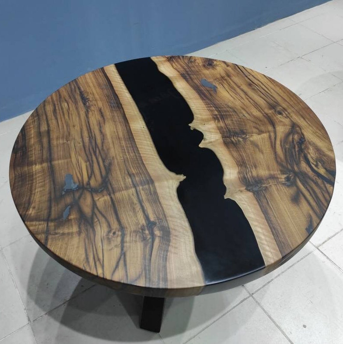 Custom 38 Round Dark Walnut Wood Black Epoxy Dining - Etsy