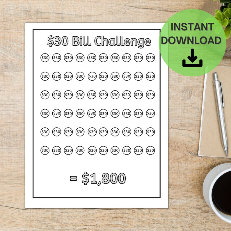 30 Dollar Bill Challenge Printable, Money Saving Challenge, Emergency ...