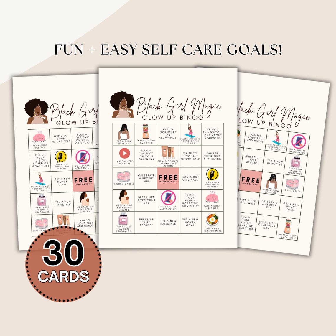 Glow-up Bingo, Self Care Bingo, 30 Self-care Bingo Cards, Self Care ...