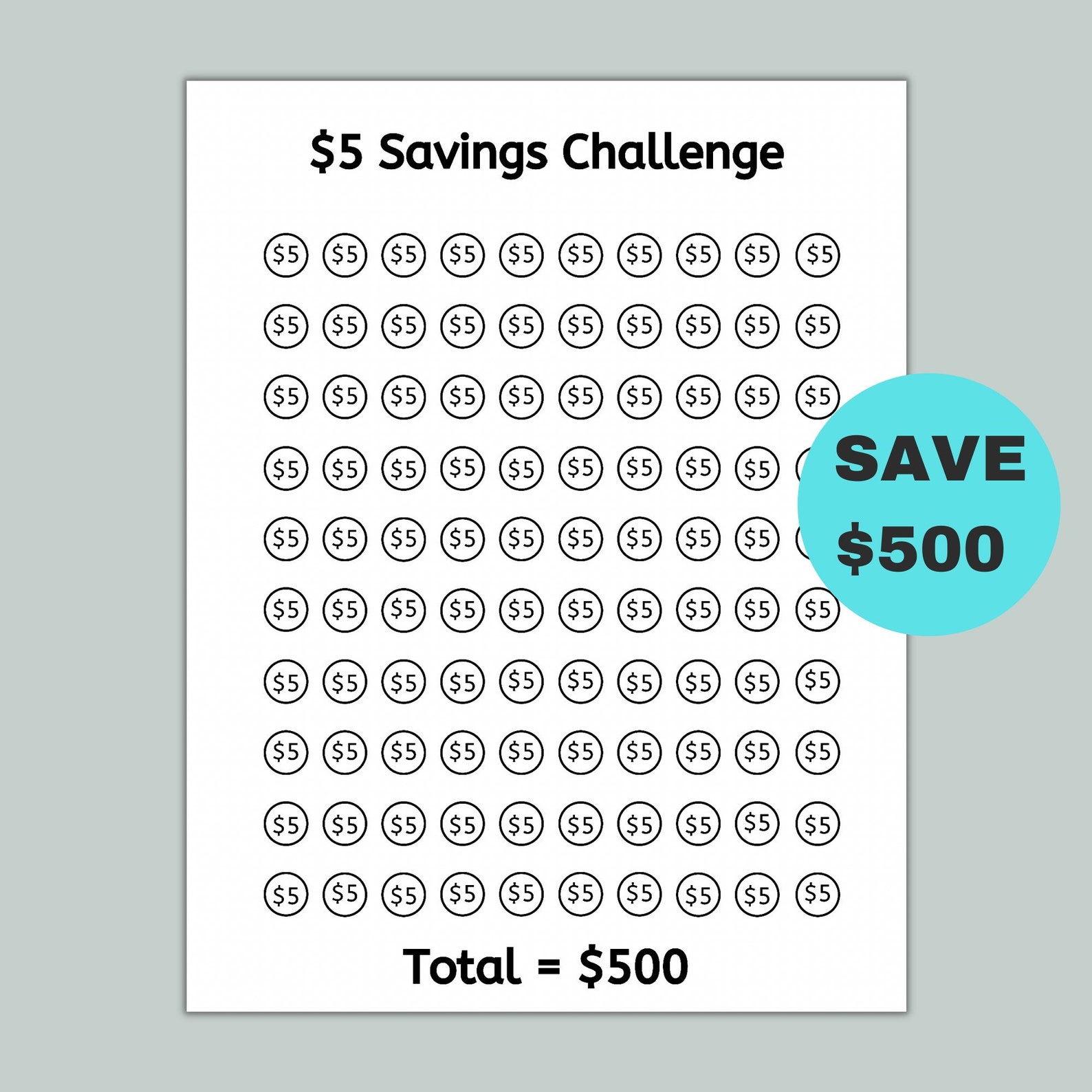 5 Dollar Money Challenge Printable Chart