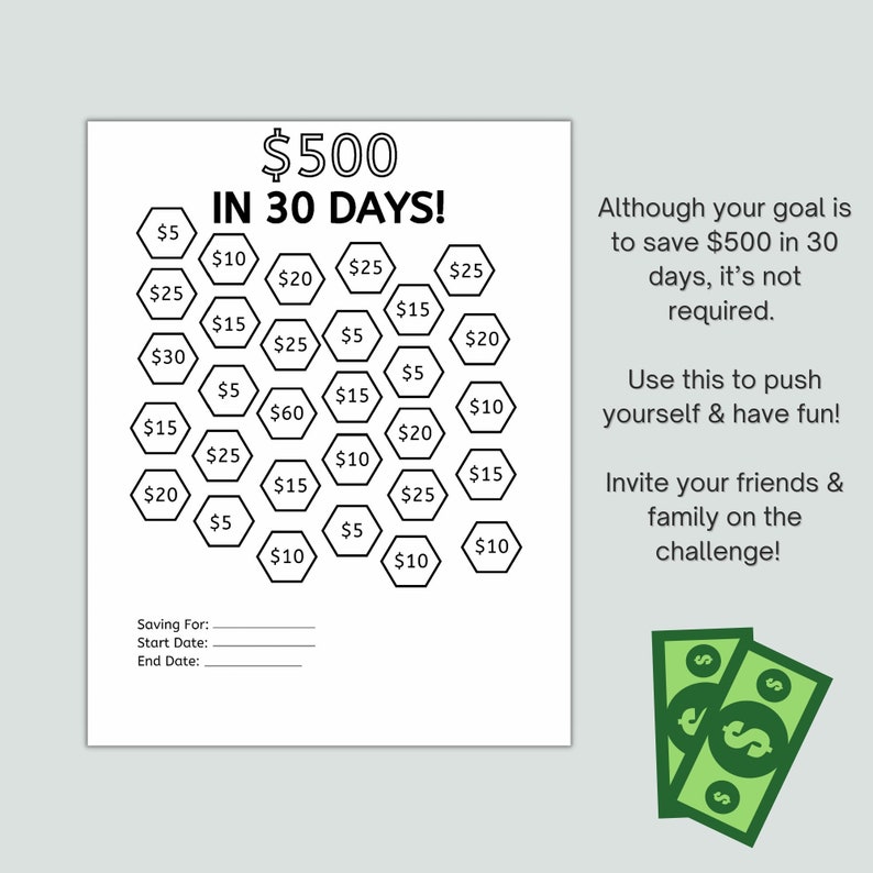 Money Saving Challenge Printable Save 500 in 30 Days Savings - Etsy