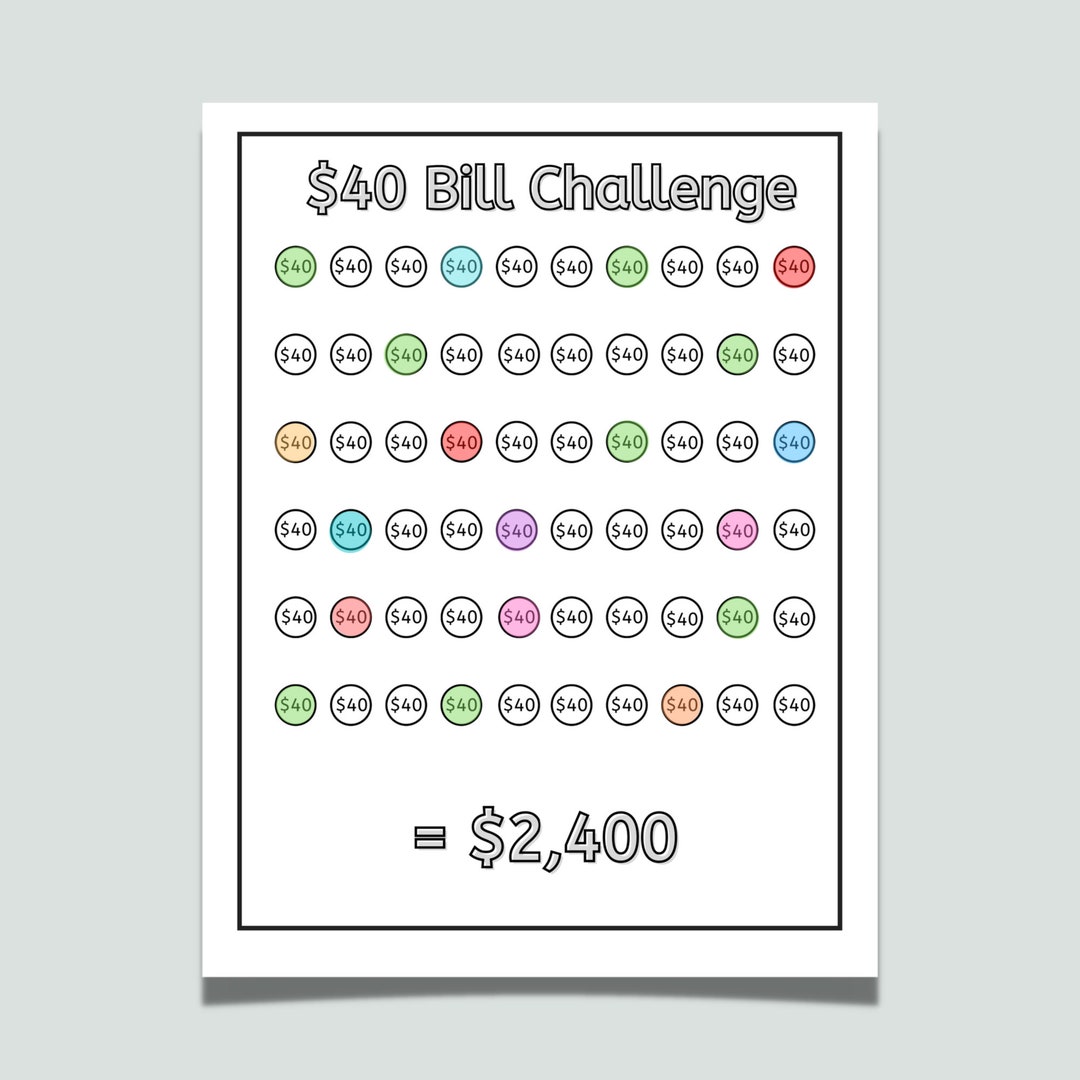 40 Dollar Bill Challenge Printable, Money Saving Challenge, Emergency ...