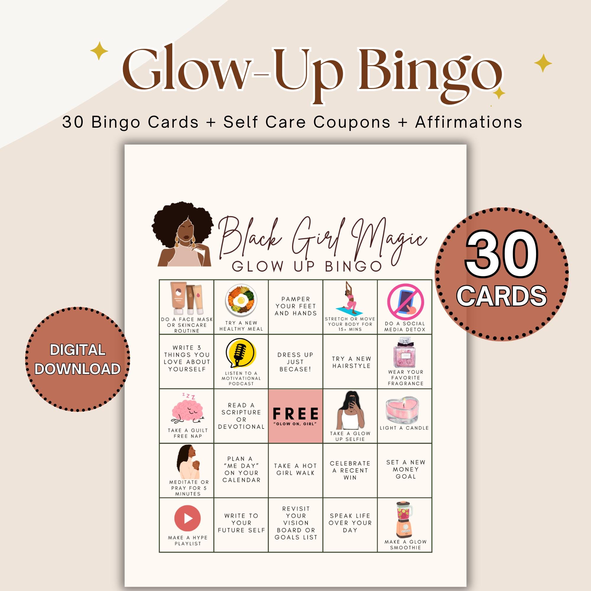 Glow-up Bingo, Self Care Bingo, 30 Self-care Bingo Cards, Self Care ...