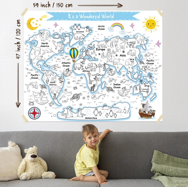 World Map Coloring Pages Wall Art, Giant Color Poster, Personalized Map ...