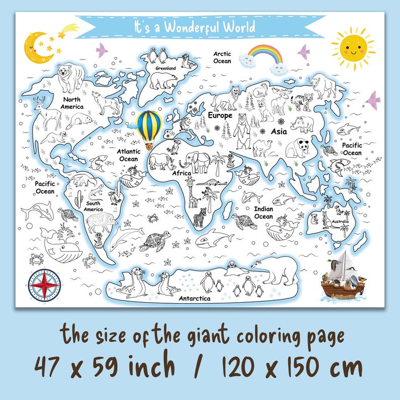 World Map Coloring Pages Wall Art, Giant Color Poster, Personalized Map ...