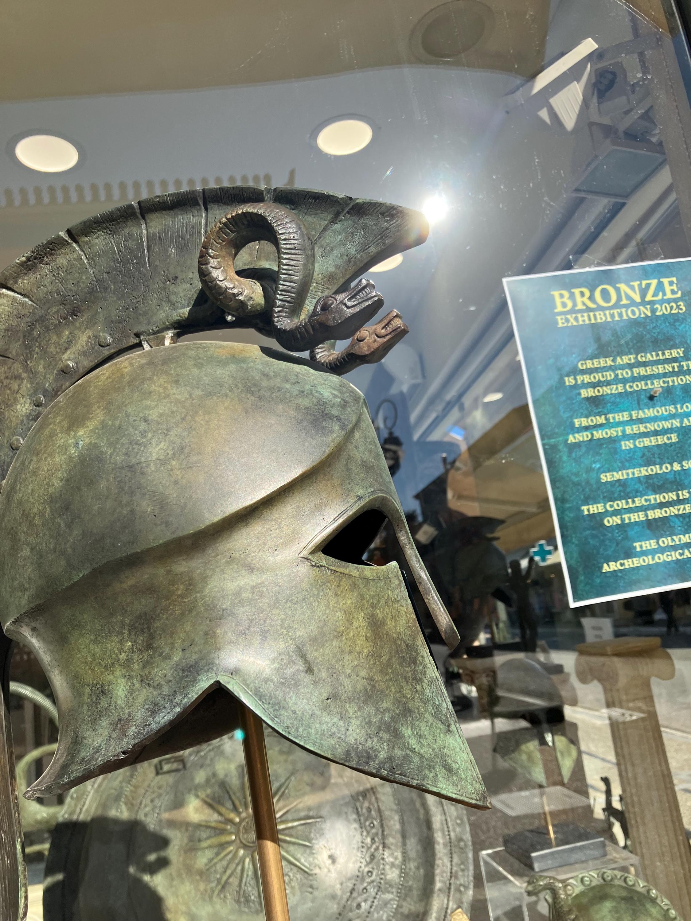 Spartan Bronze Life Size Helmet With Two Snakes on Granite Base Hand ...