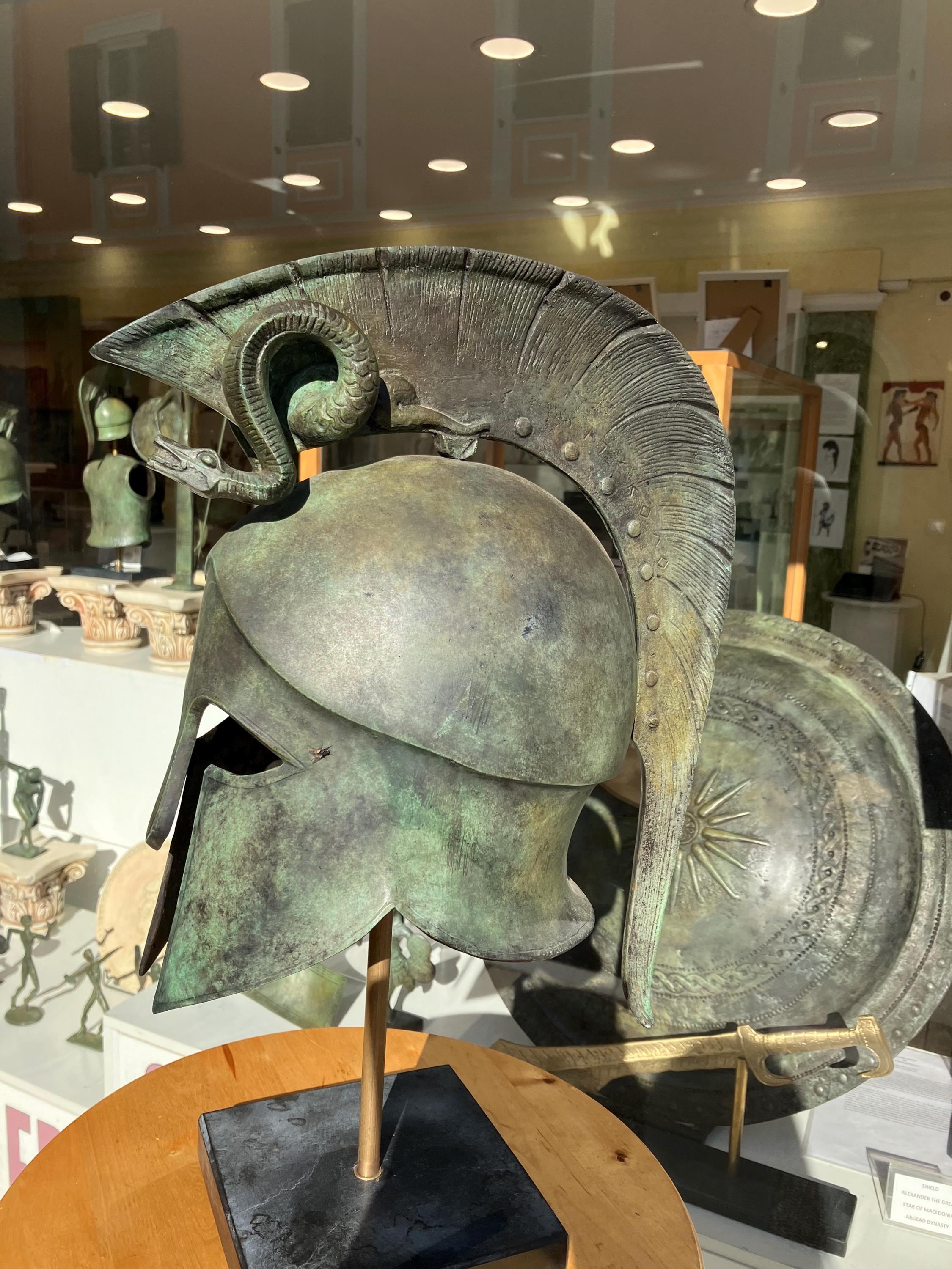 Spartan Bronze Life Size Helmet With Two Snakes on Granite Base Hand ...