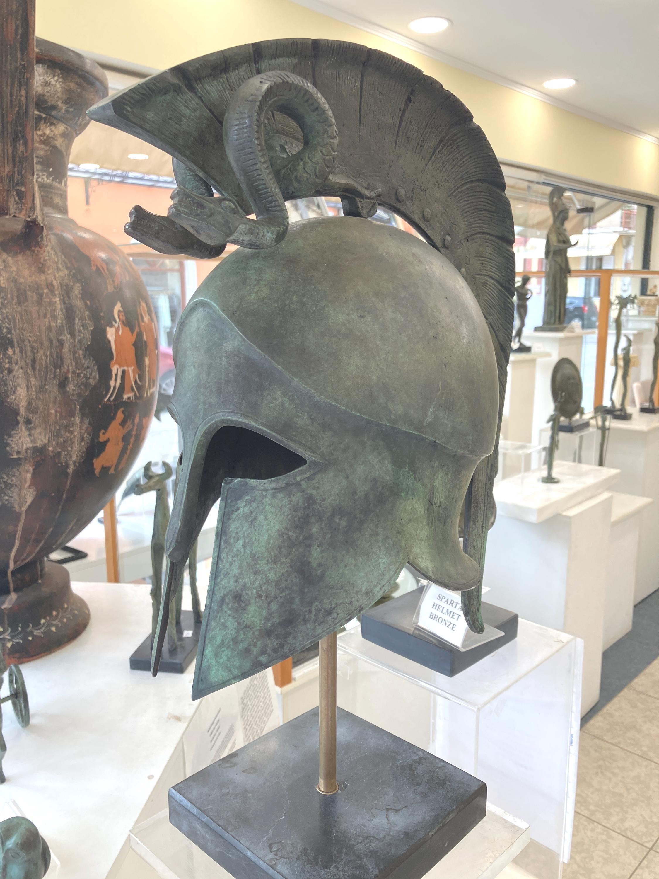 Spartan Bronze Life Size Helmet With Two Snakes on Granite Base Hand ...