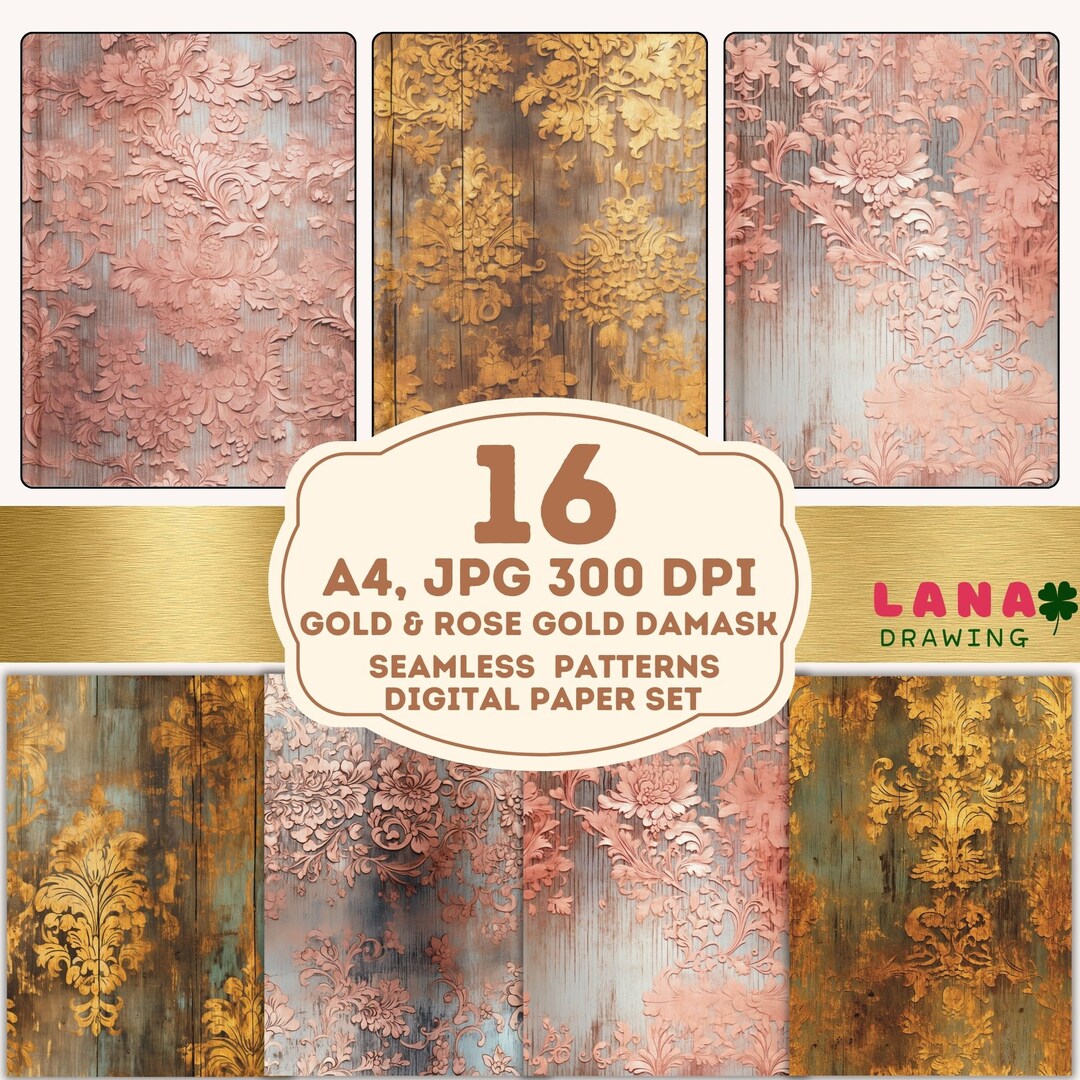 Vintage Gold Damask Digital Papers, Vintage Floral Junk Journal Papers ...