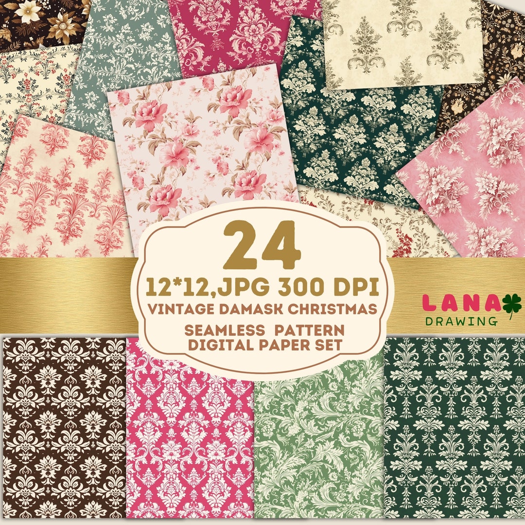Vintage Christmas Pink & Green Damask Digital Paper, Winter Seamless ...