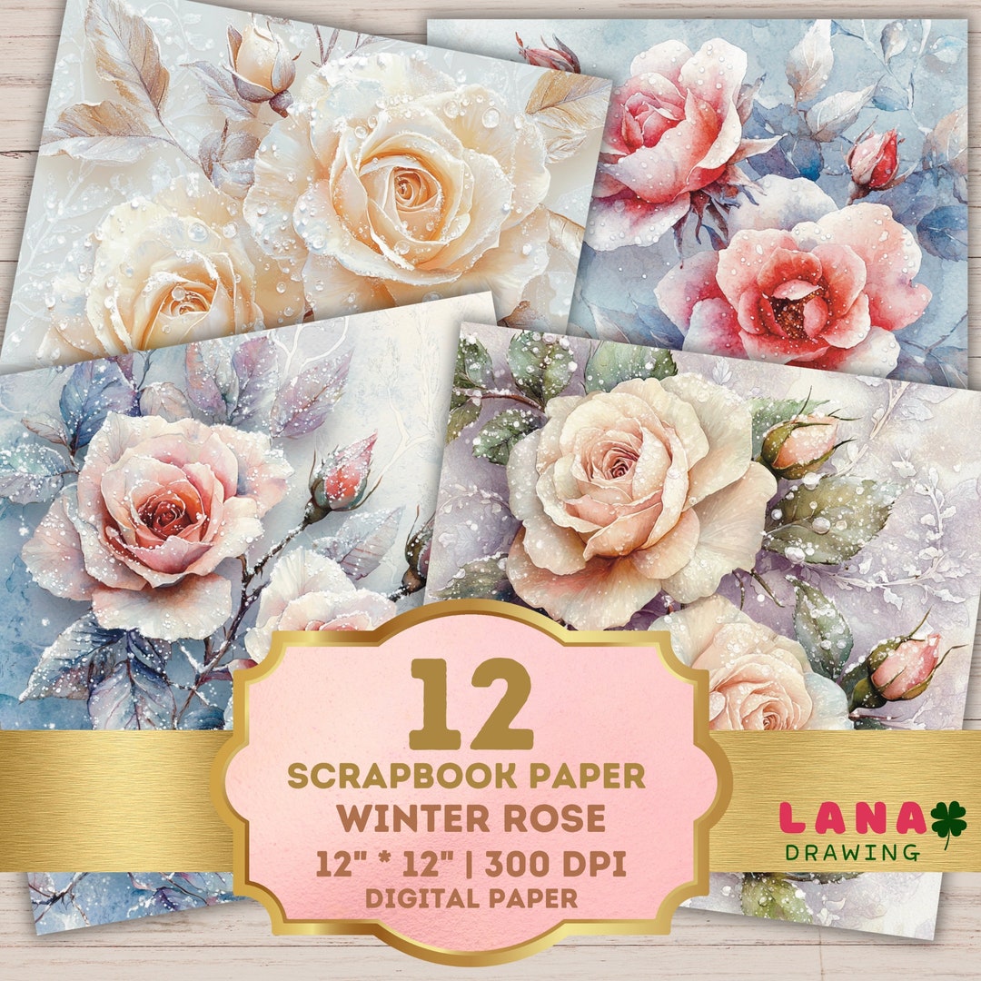 Pastel Winter Rose Floral Digital Paper, Vintage Floral Watercolor ...