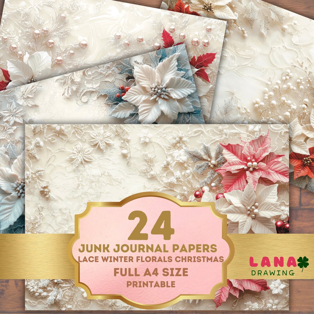 Vintage Christmas Winter Lace Junk Journals, White Lace Floral Junk ...