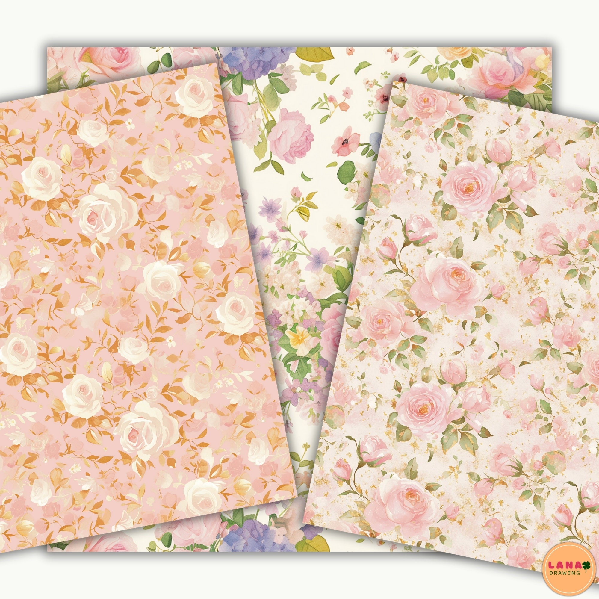Vintage Rose Digital Paper Pack, Shabby Chic Seamless Pattern, Vintage ...