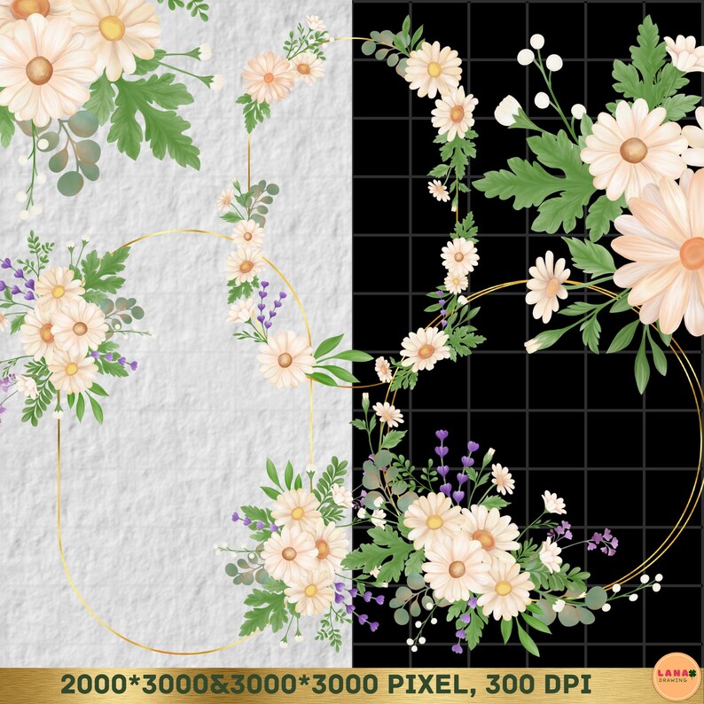 Pastel Daisy Flower Bouquet Clipart, Daisy Frame Watercolor, Floral ...