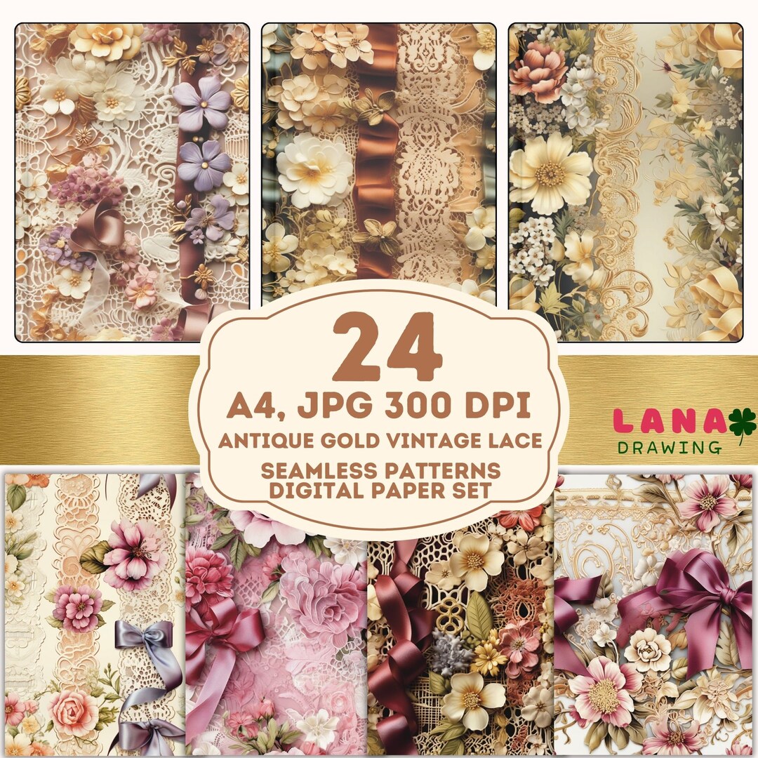 Vintage Gold Floral Lace Digital Paper, Vintage Floral Junk Journal ...