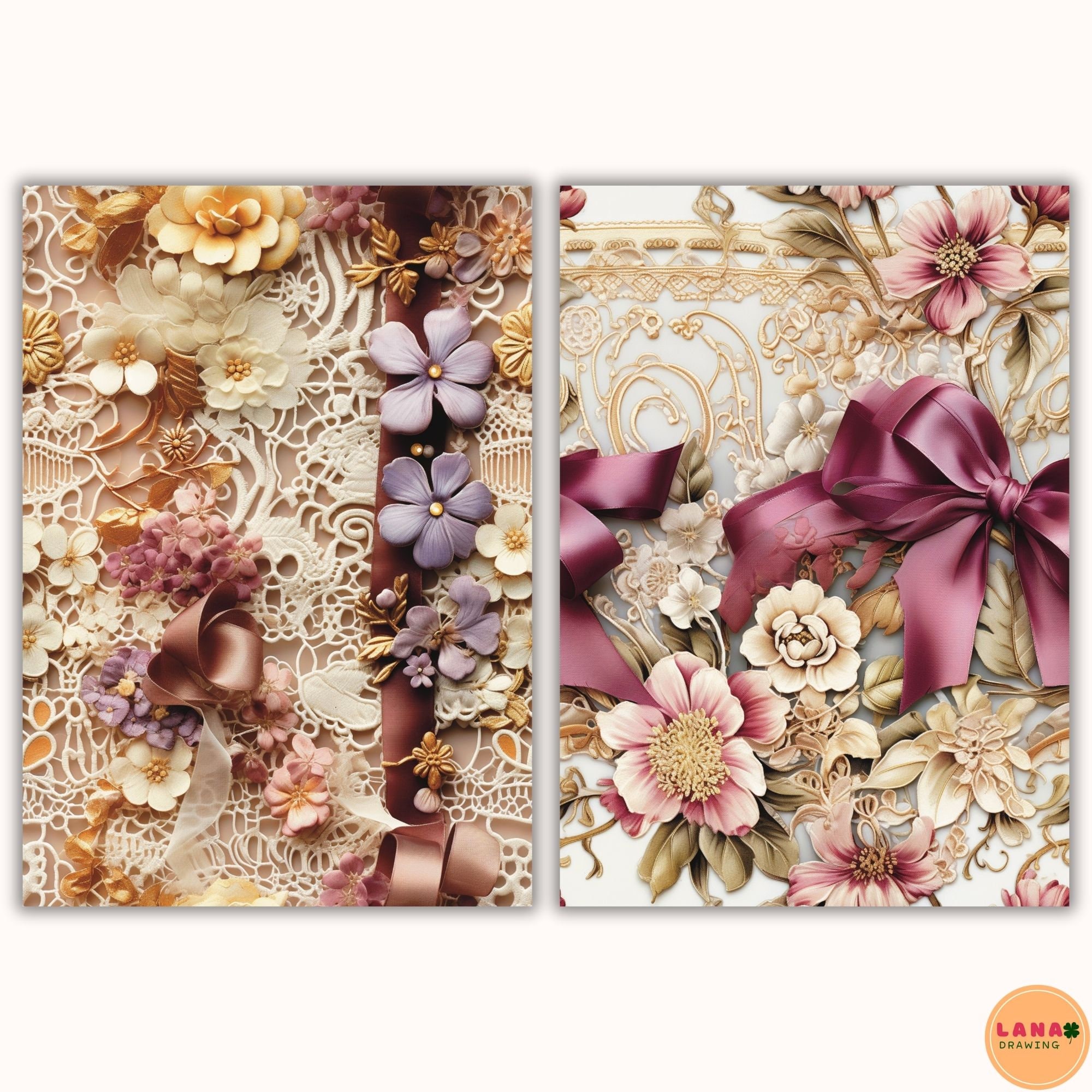 Vintage Gold Floral Lace Digital Paper, Vintage Floral Junk Journal ...