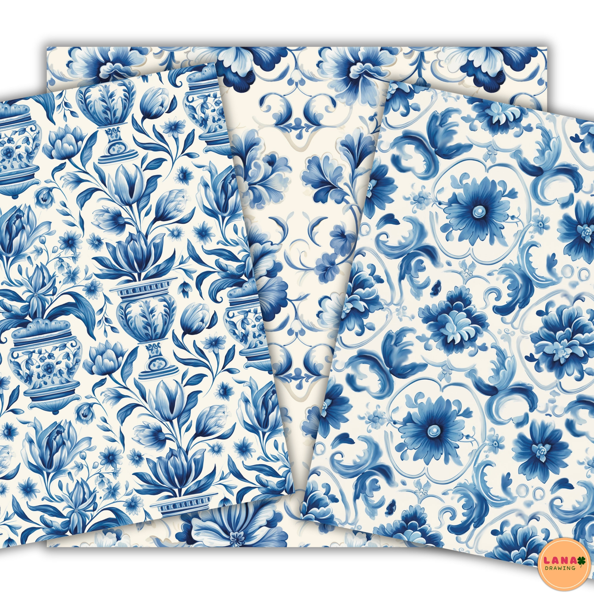 Delft Blue Seamless Pattern, Delft Blue Floral, Vintage Digital Paper ...