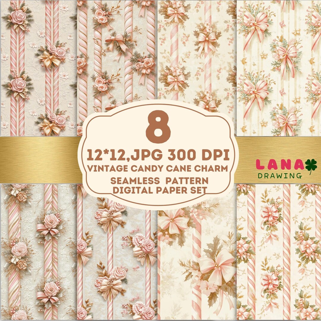 Pink & Gold Christmas Candy Cane Stripes Bows Seamless Pattern, Vintage ...