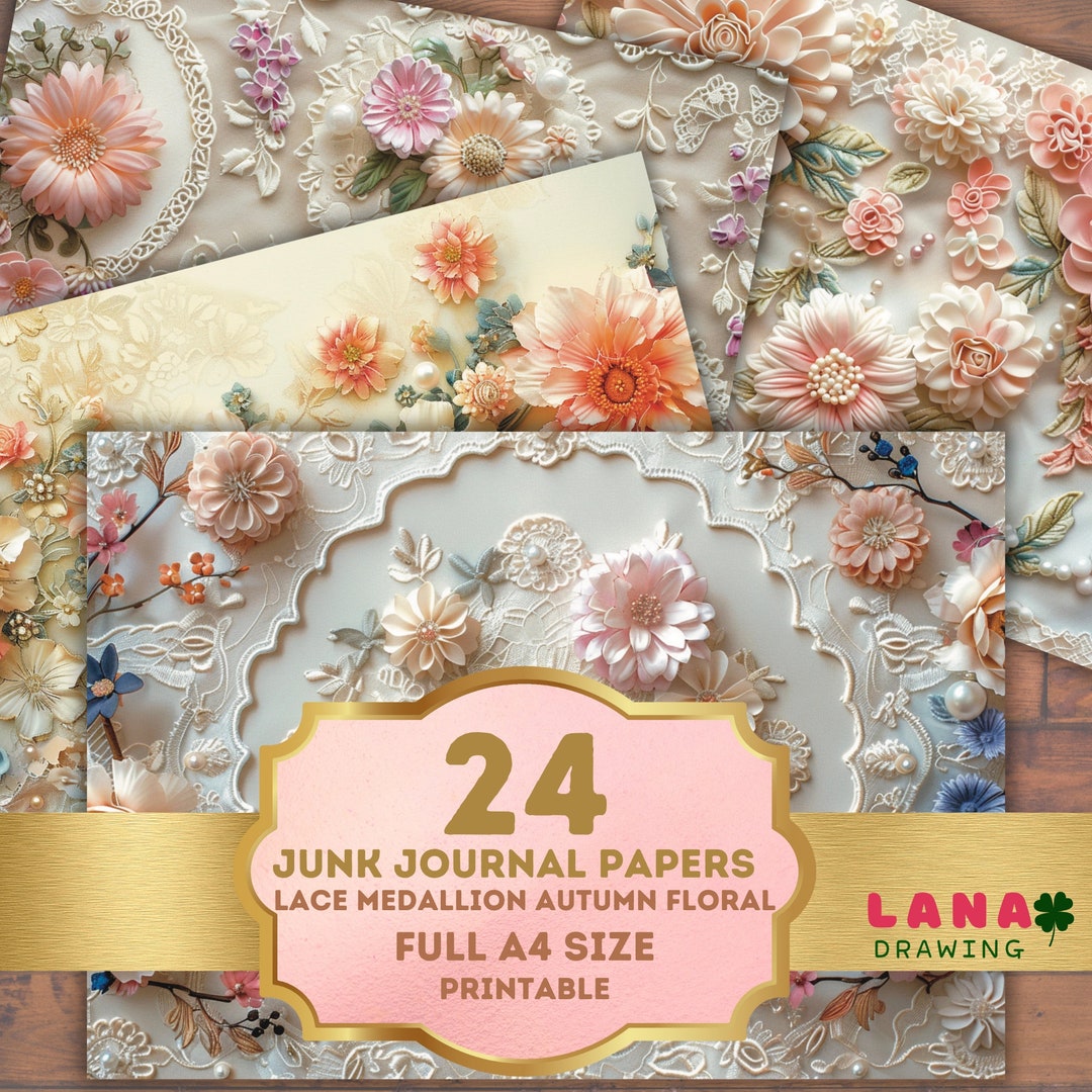 Vintage White Lace Floral Junk Journal Paper, Lace Fall Floral Junk ...