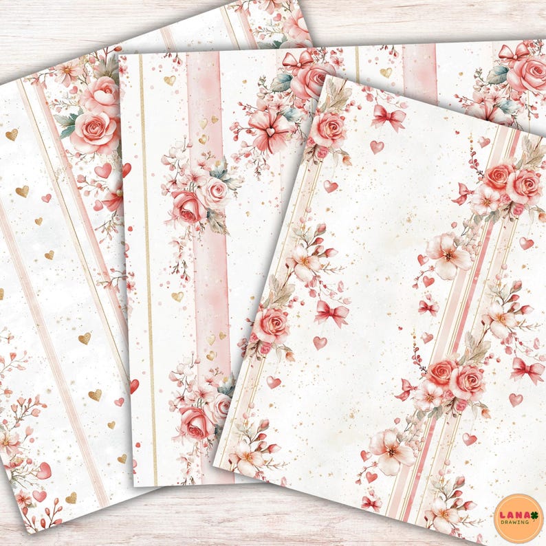 Pink Rose Stripe Floral Seamless Pattern, Glitter Stripe Bow Florals ...