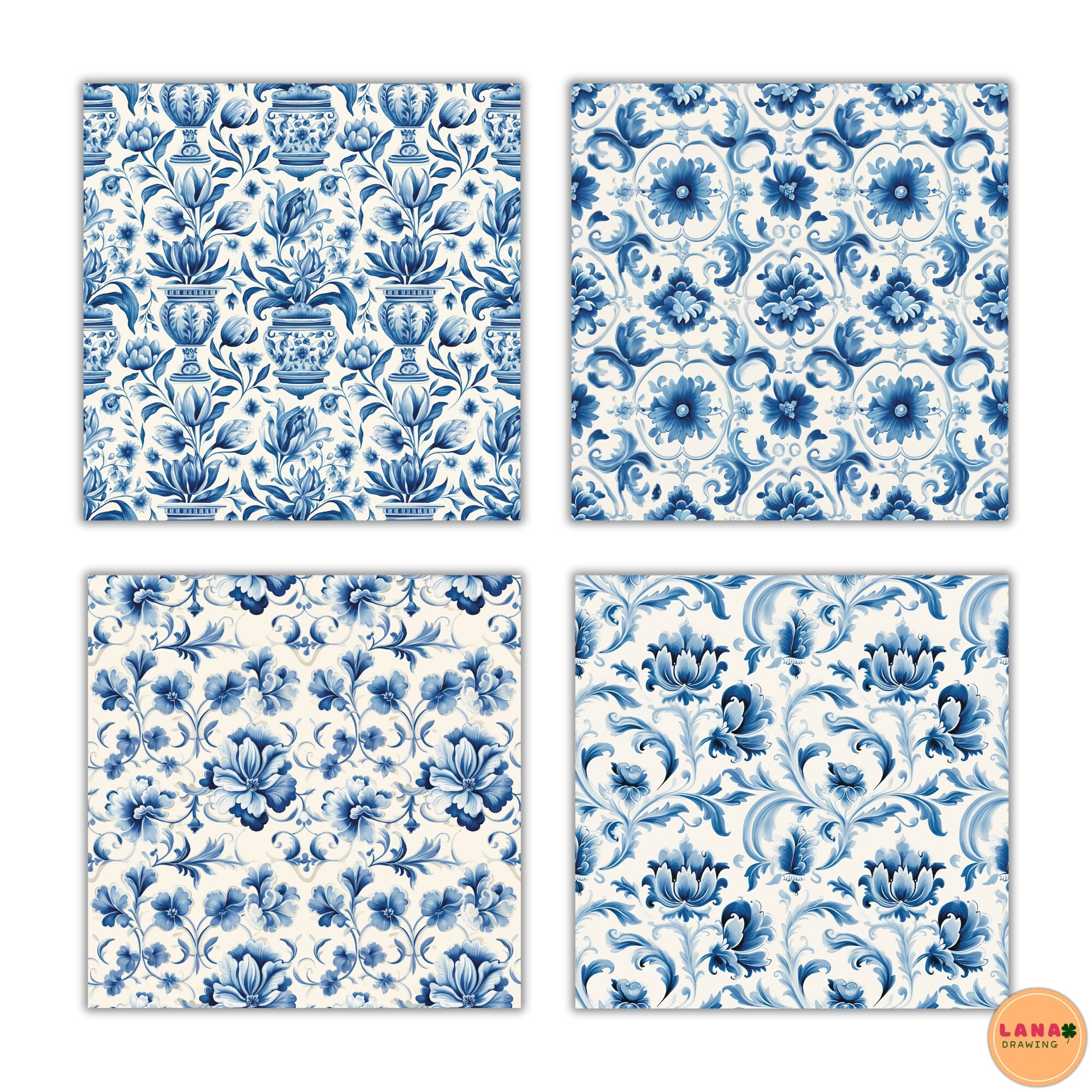 Delft Blue Seamless Pattern, Delft Blue Floral, Vintage Digital Paper ...