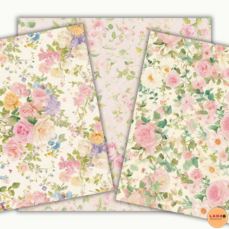 Vintage Rose Digital Paper Pack, Shabby Chic Seamless Pattern, Vintage ...